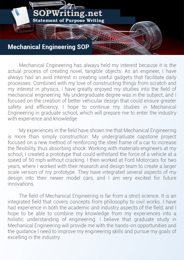Sample Statement Of Purpose Mechanical Engineering